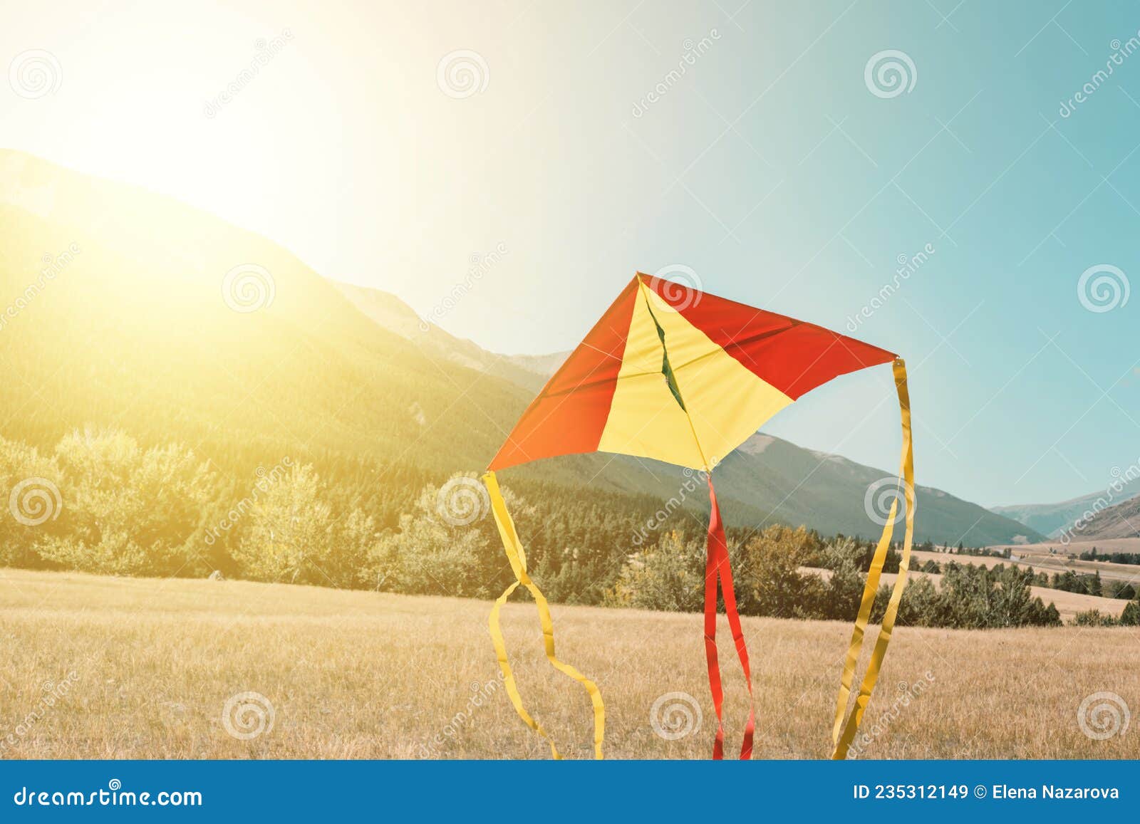 Triangular Kite Soars into the Sky Over Hills. Soft Focus, Toned Stock ...