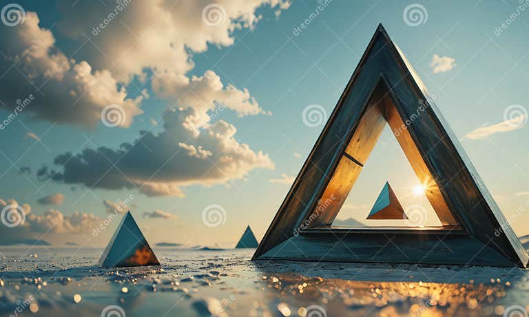 Triangular Metallic Sculpture with Sunburst Design Stands on Reflective ...