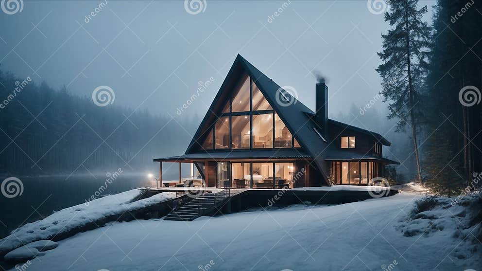 Triangular Modern Lake House in a Misty Forest at Night in Winter Scene ...