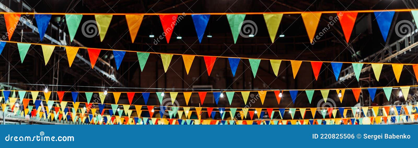 Triangular Multi-colored Festive Ribbons Stretched in the Hall Stock ...