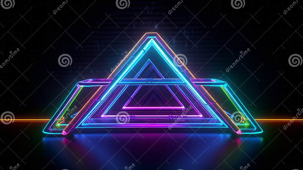 Triangular Neon Multicolor Glowing LED Lamps, on a Brick Wall, in a ...