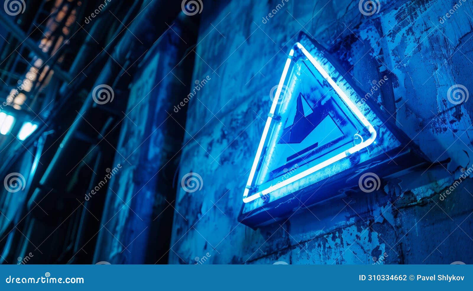 Triangular Neon Road Sign Attention with Exclamation Mark from Post ...