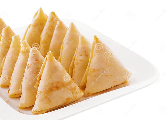 Triangular Pancakes with Meat on Plate Stock Image - Image of ...