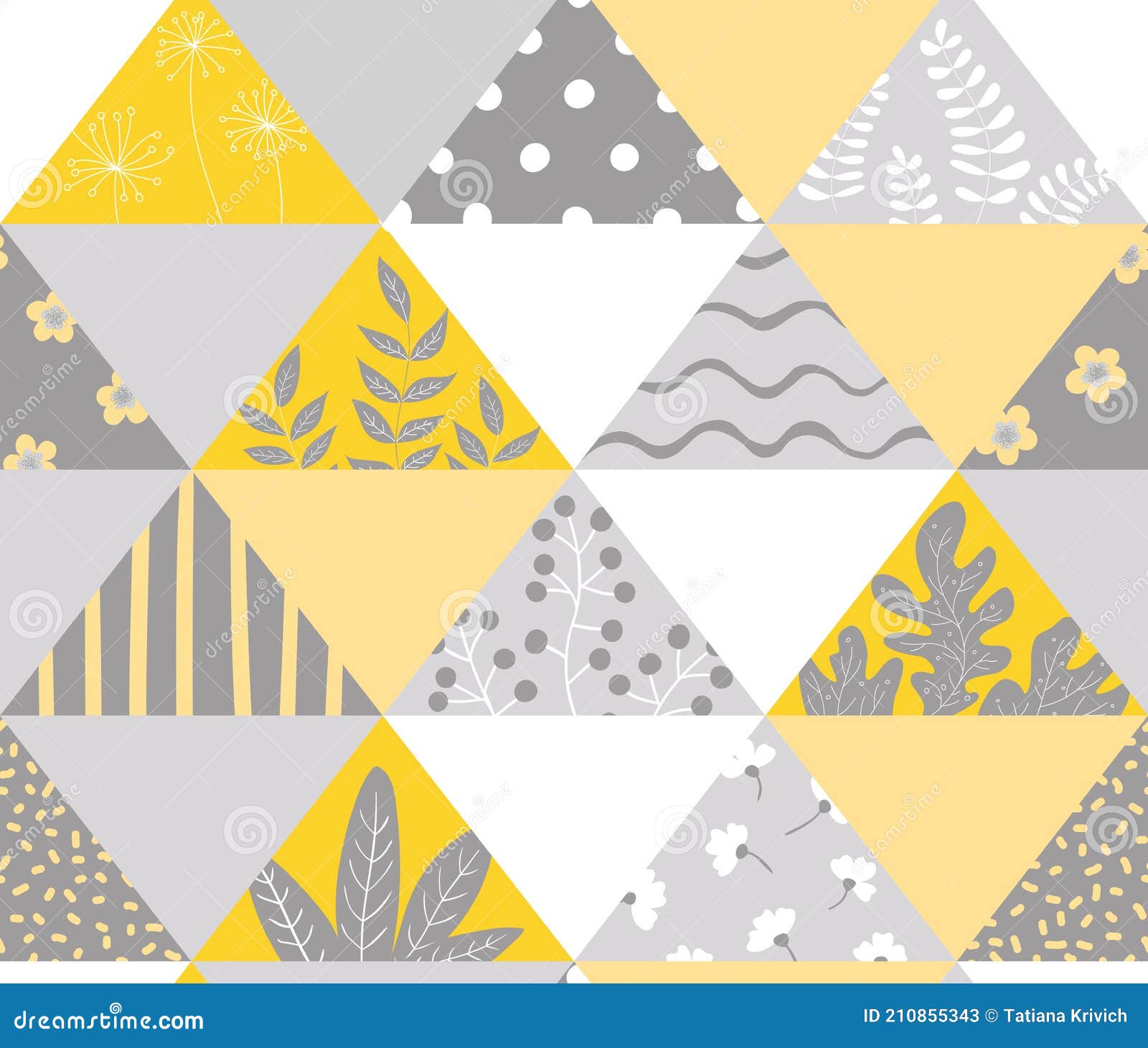 Triangular Patchwork with Abstract Branches, Leaves and Flowers. Stock ...