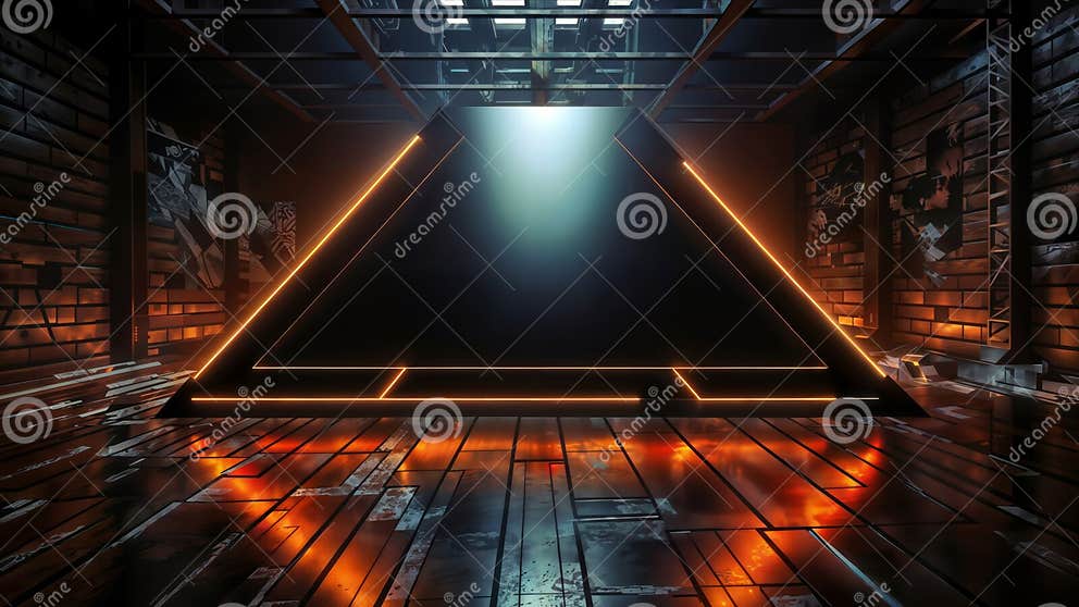 Triangular Platform Emitting an Orange Glow, Reflected on a Wooden ...