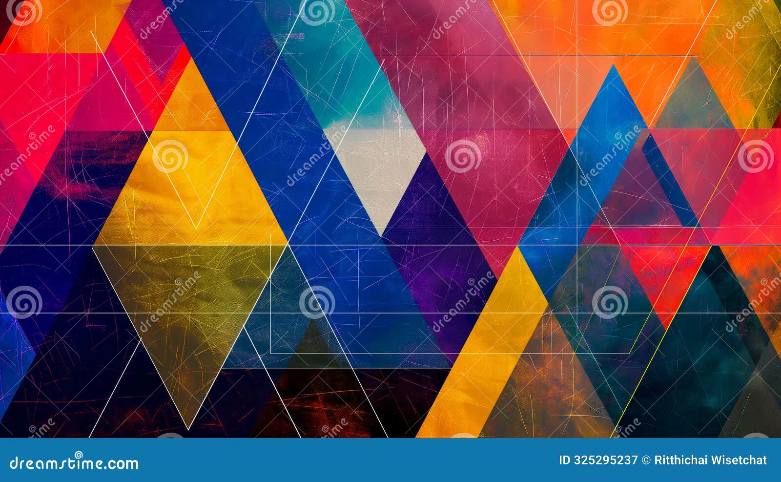 Triangular Prisms In A Spectrum Of Colors Intersect Forming A Complex Geometric Pattern That