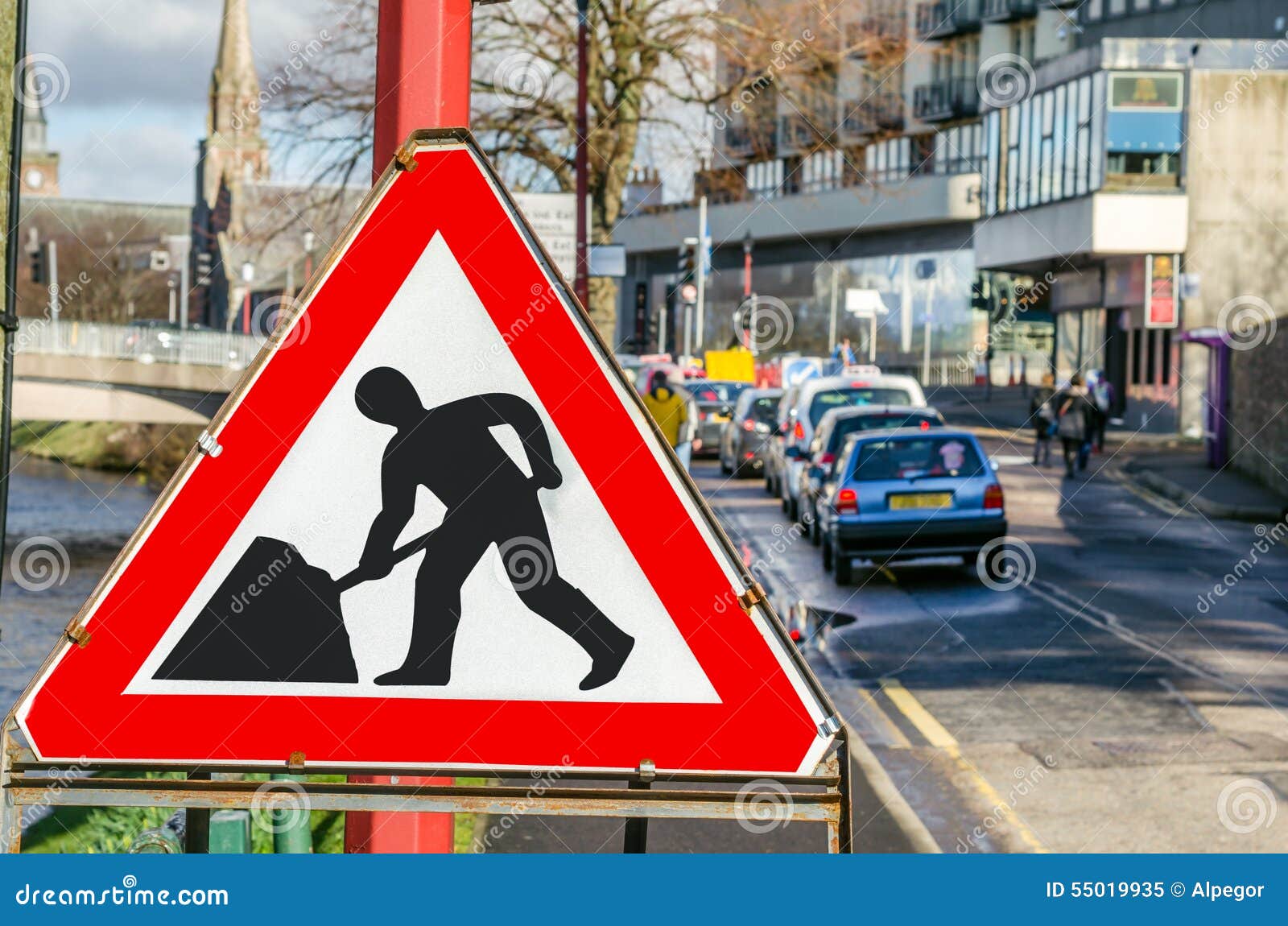 Triangular Roadworks Sign stock image. Image of street - 55019935
