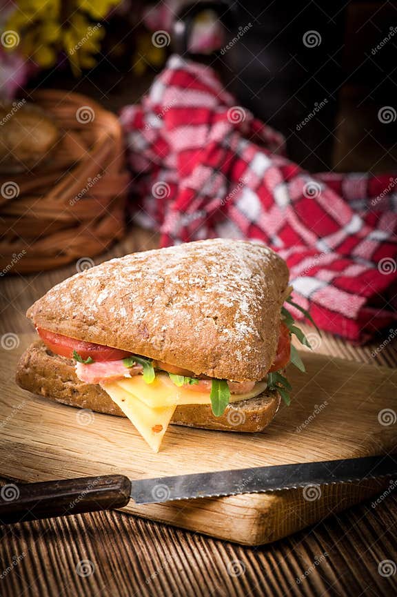 Triangular Sandwich with Cheese, Ham and Tomato Stock Photo - Image of ...