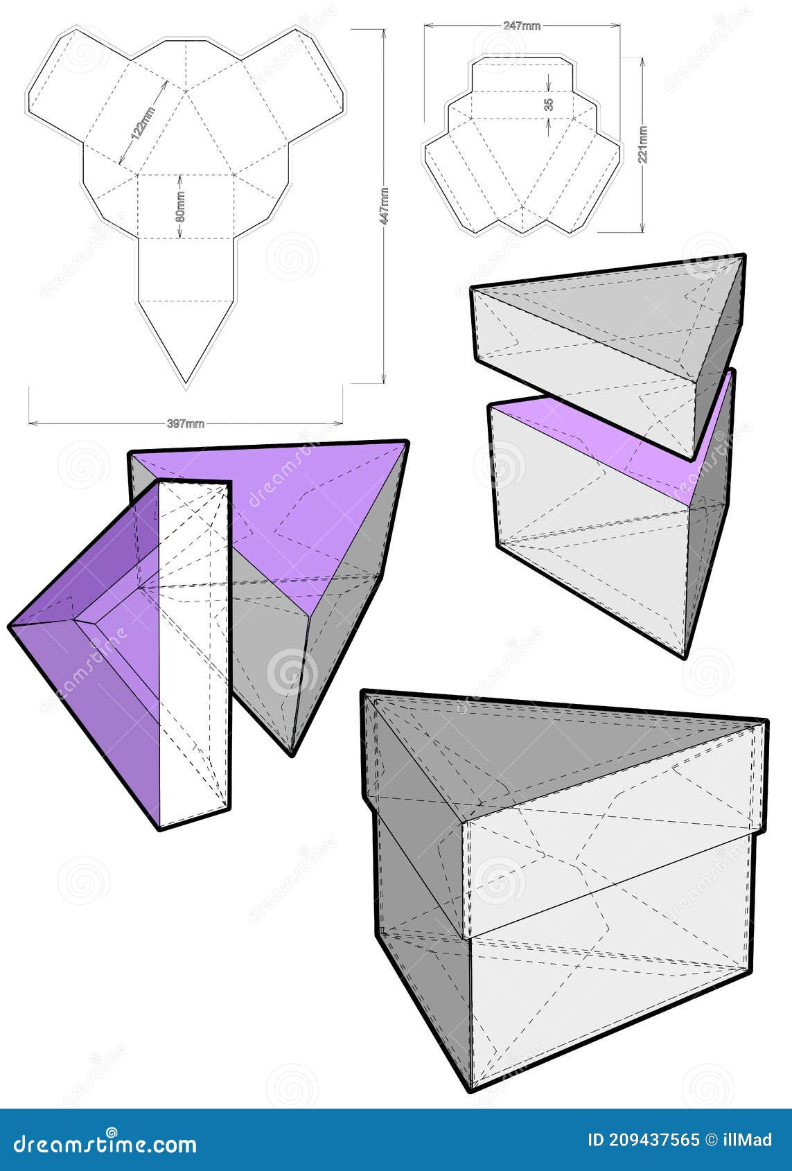Triangular Self Assembly Packaging and Die-cut Pattern. Stock Vector ...