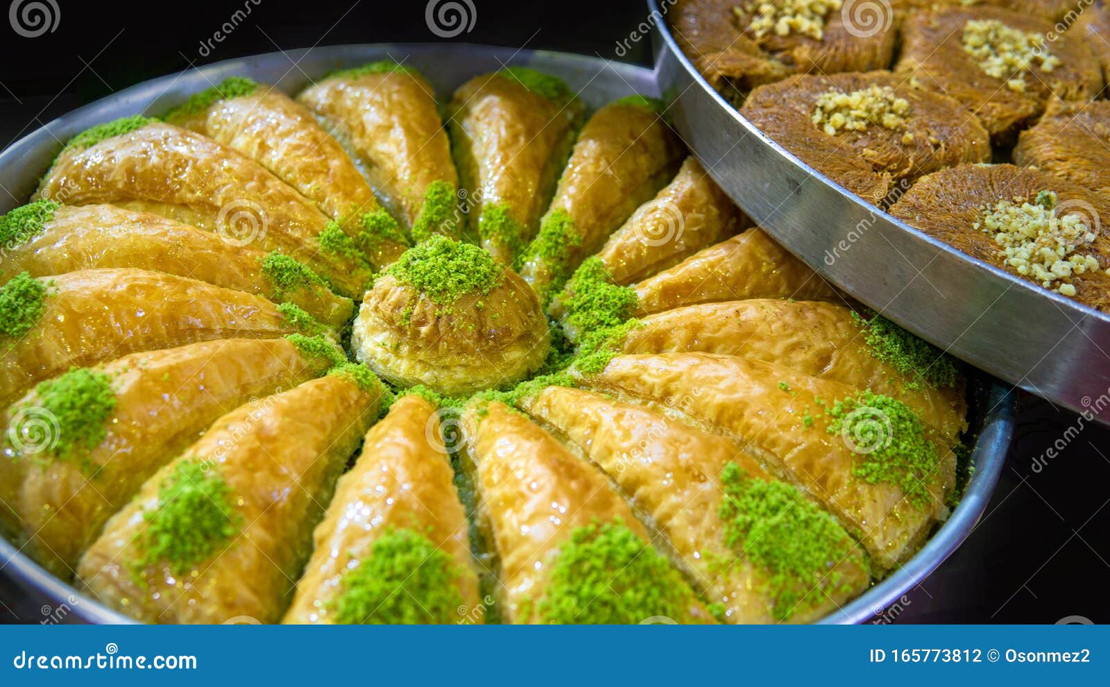 Triangular Shaped Baklava with Pistachio in Round Tray. Turkey Specific ...