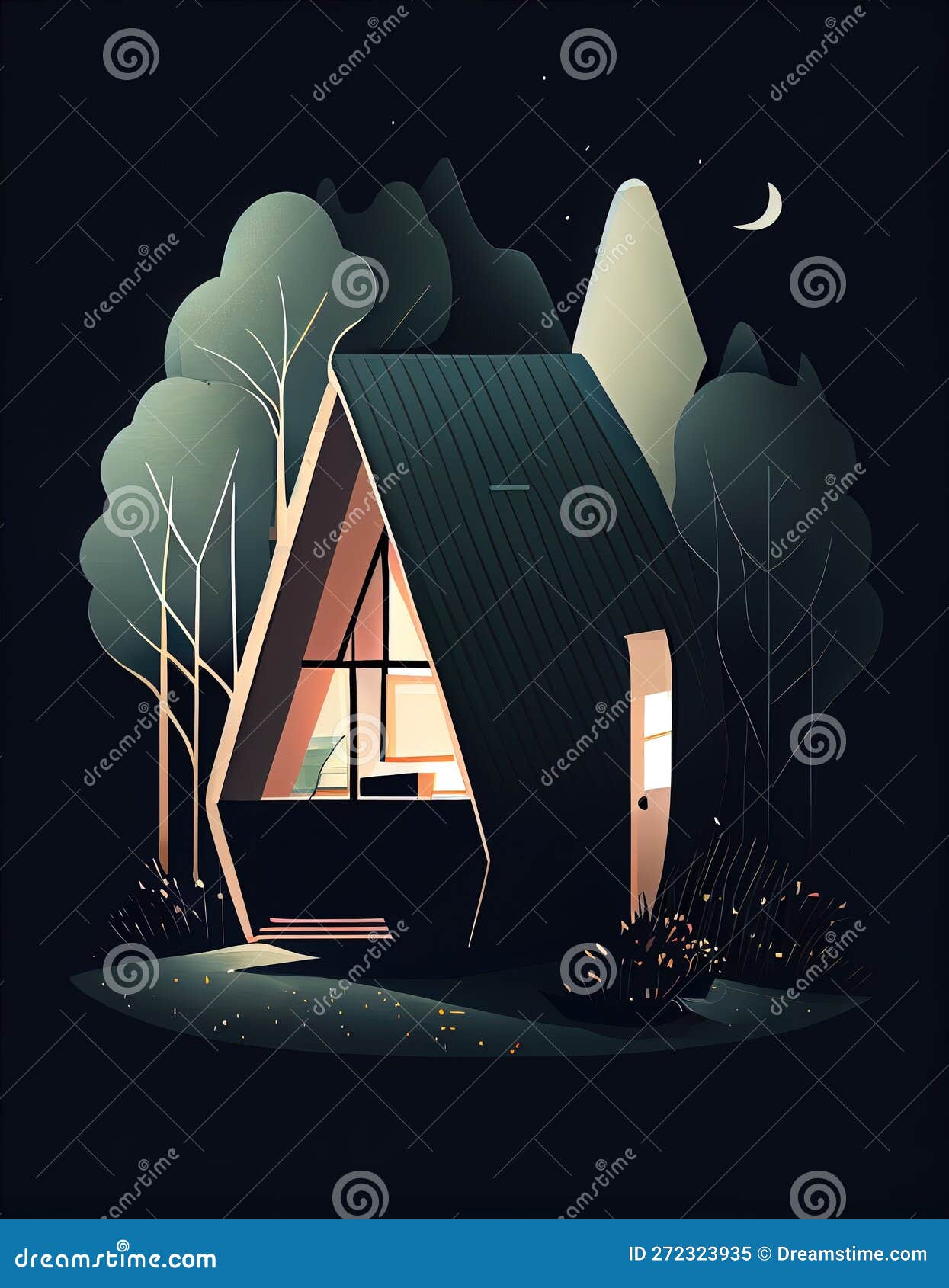Triangular Tiny House in Forest at Night Minimalistic Modern ...