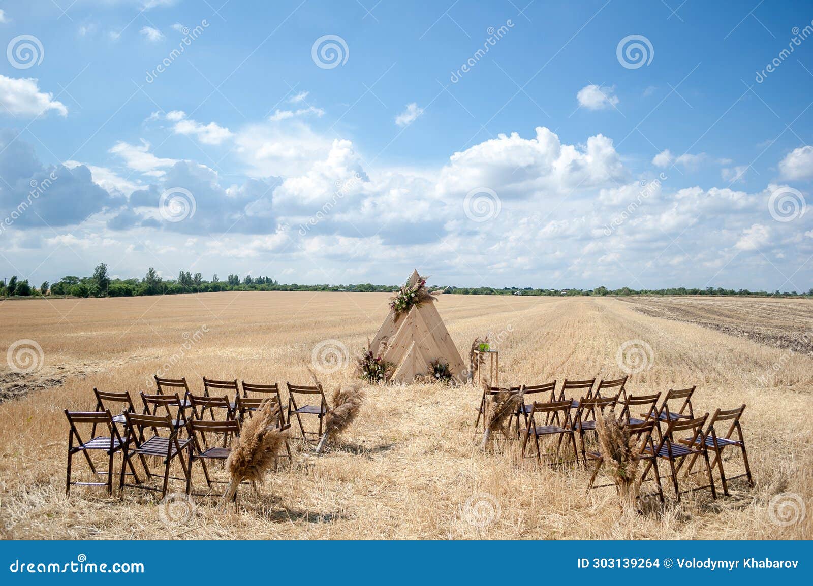 Triangular Wooden Arch in a Golden Field. Venue for Wedding Ceremony ...