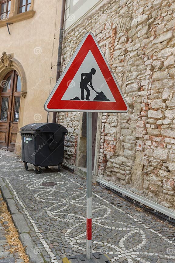 Triangular Work in Progress Road Sign Stock Image - Image of alert ...