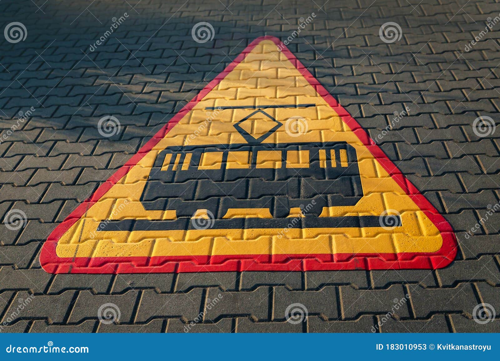 Yellow Red Triangular Tram Sign Drawn on the Road Stock Image - Image ...