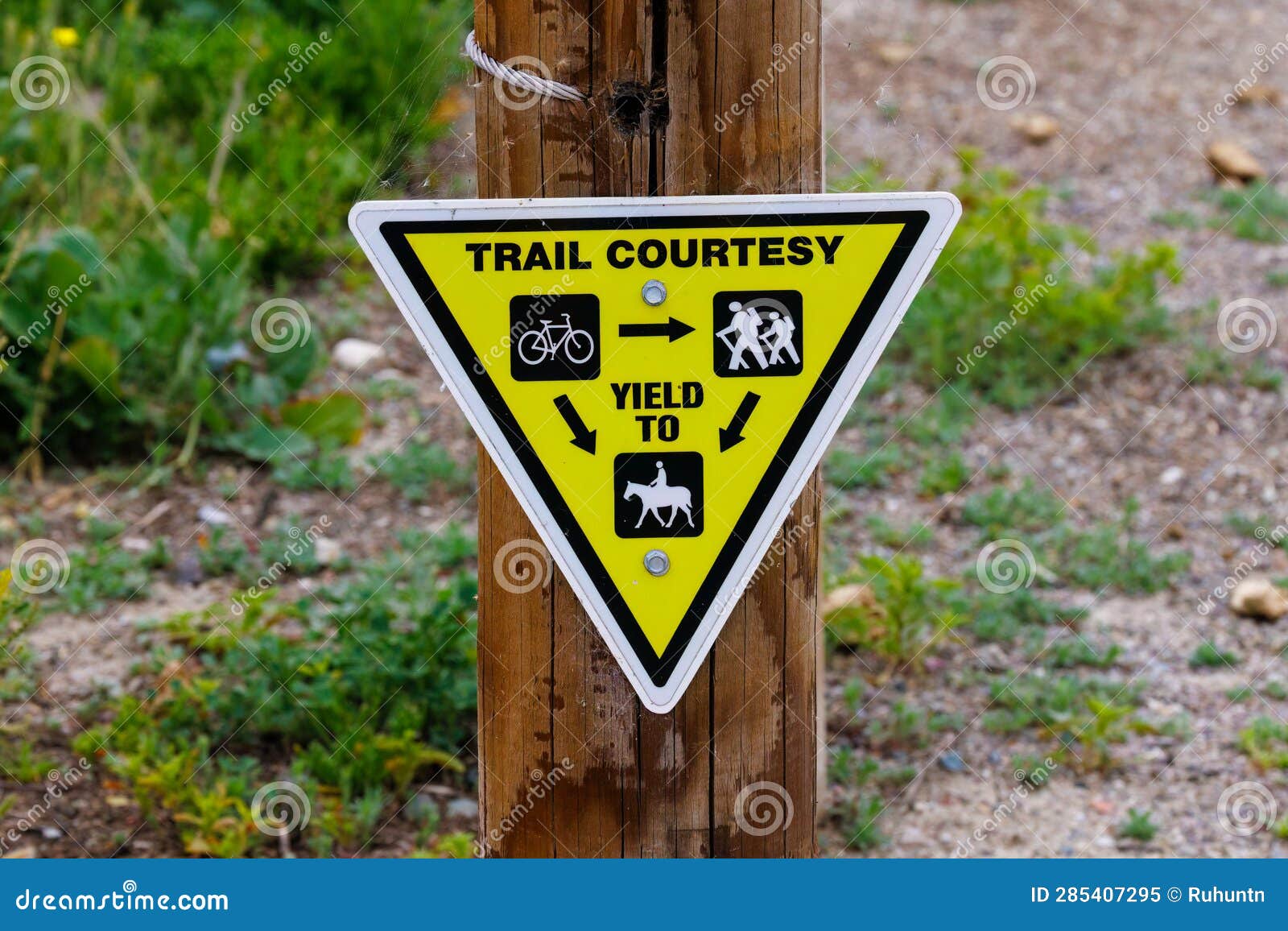 Triangular Yellow Trail Courtesy Sign Stock Image - Image of wood ...