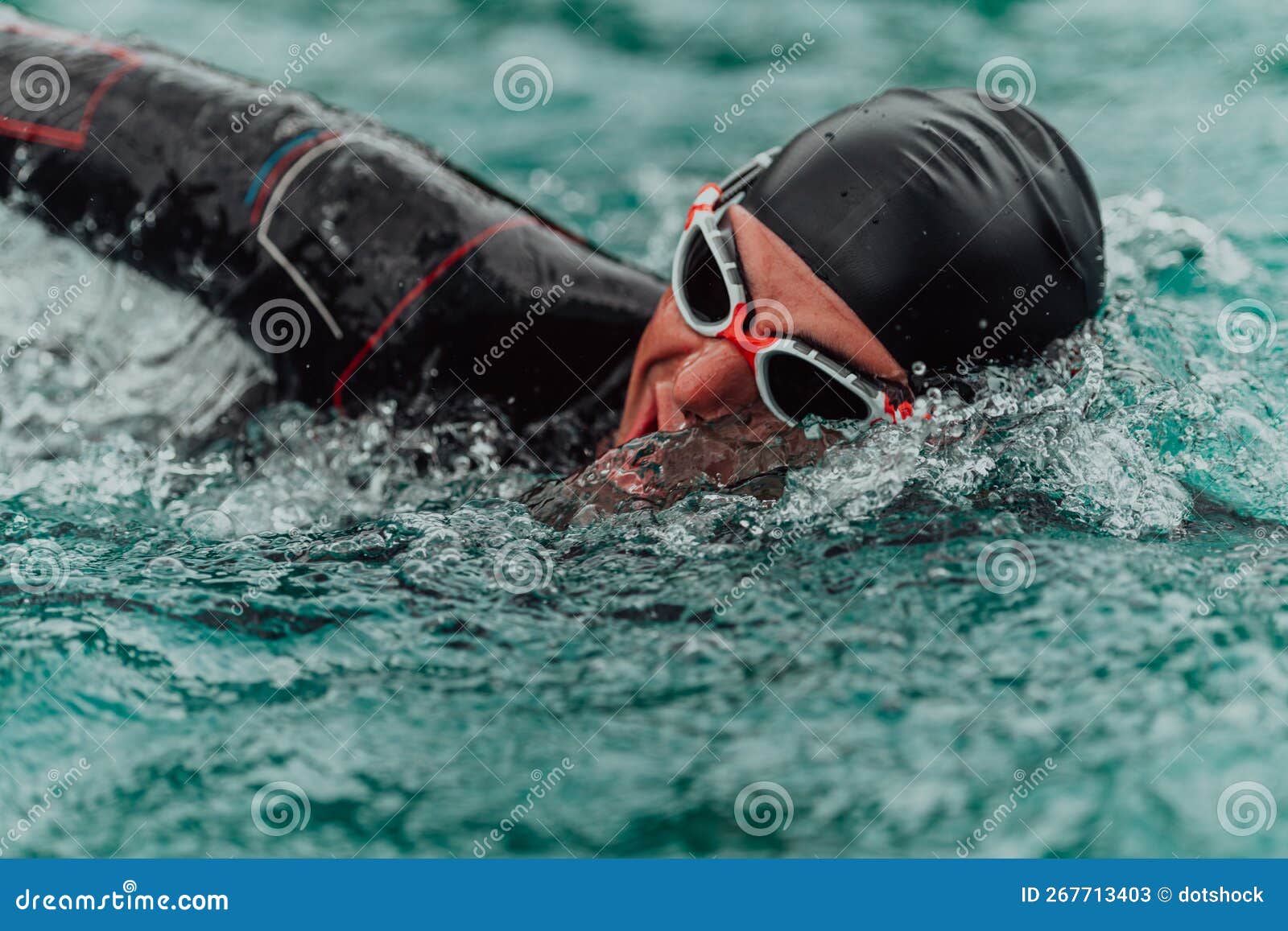 A Triathlete in a Professional Swimming Suit Trains on the River while ...