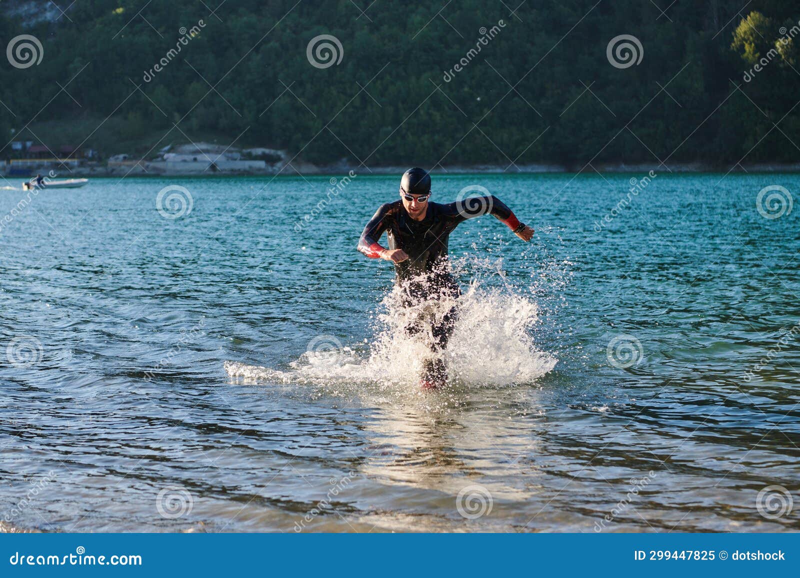 Triathlon Athlete Starting Swimming Training on Lake Stock Image ...