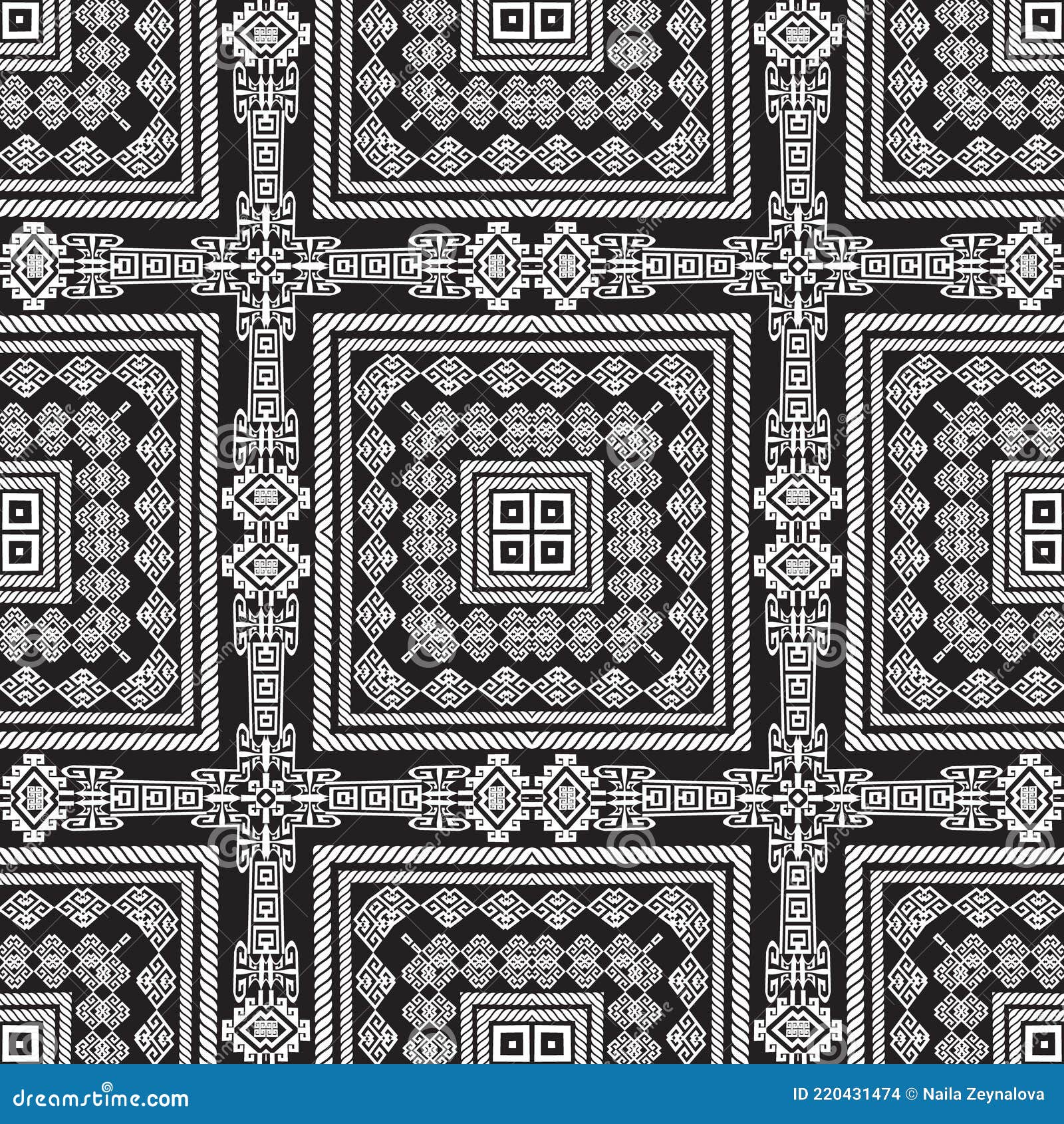 Tribal Ethnic Checkered Seamless Pattern. Square Frames. Vector Black ...