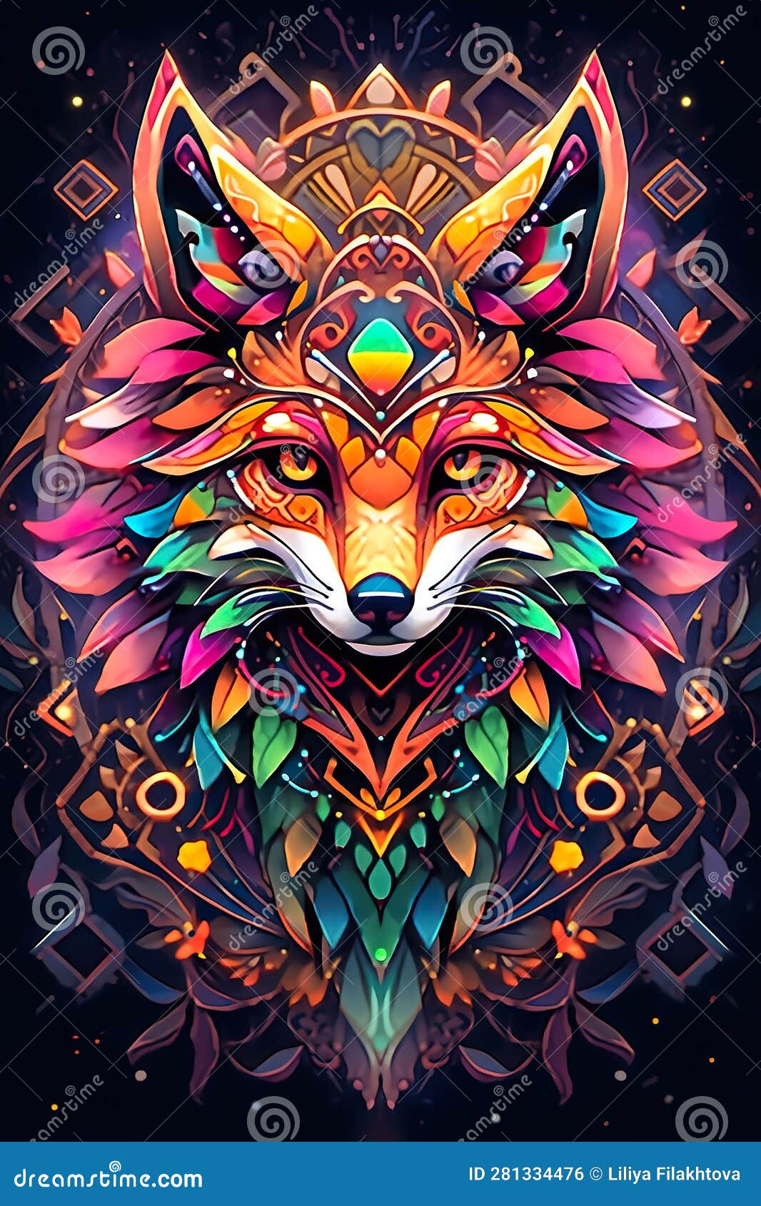 Tribal Fox Psychedelic Colors . Ethnic Fox Illustration. Generative AI Stock Illustration ...
