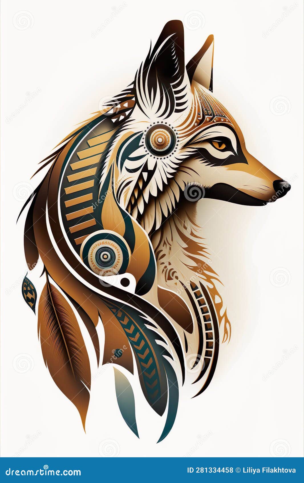 Tribal Fox with Red and Blue Feathers. Ethnic Fox Illustration Stock ...