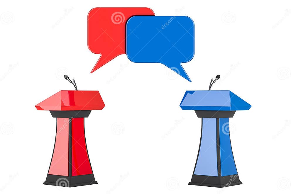Tribunes with Microphones and Speech Bubbles. Debate Concept, 3D ... Tribunes with Microphones and Speech Bubbles. Debate Concept, 3D ...