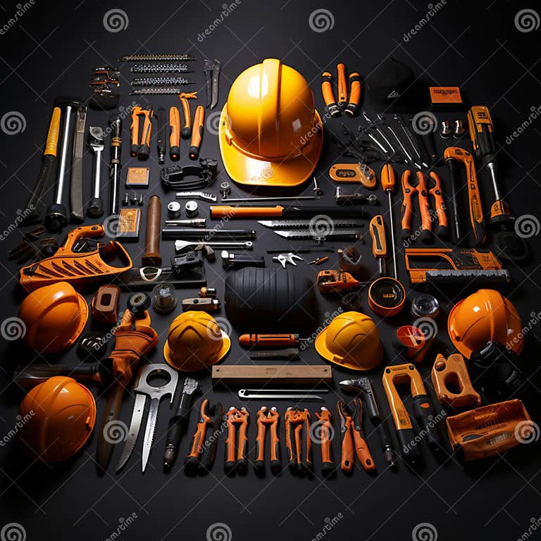 Tribute To Laborers Array of Construction Tools Showcased on Black ...