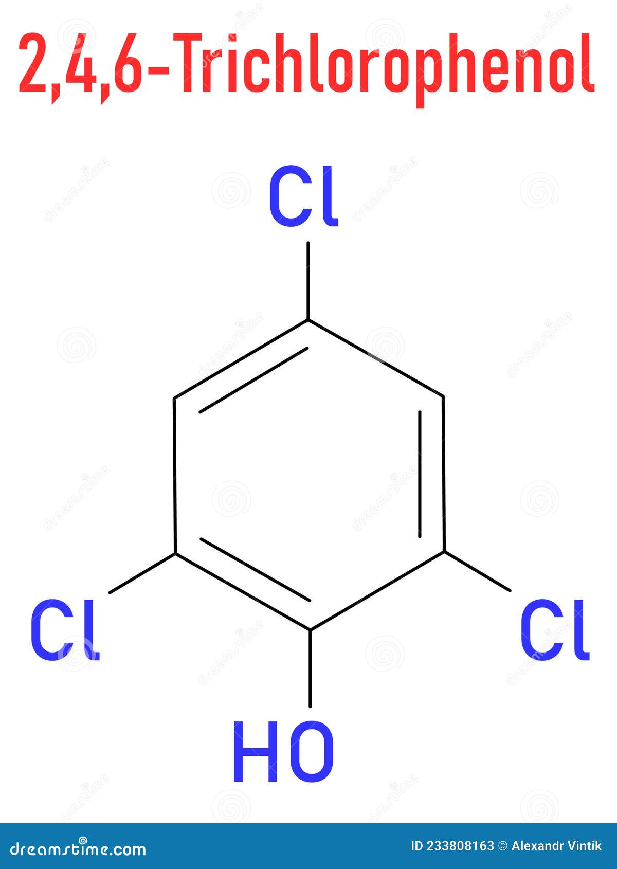 Trichlorophenol or TCP, 2,4,6-trichlorophenol Molecule. Skeletal ...