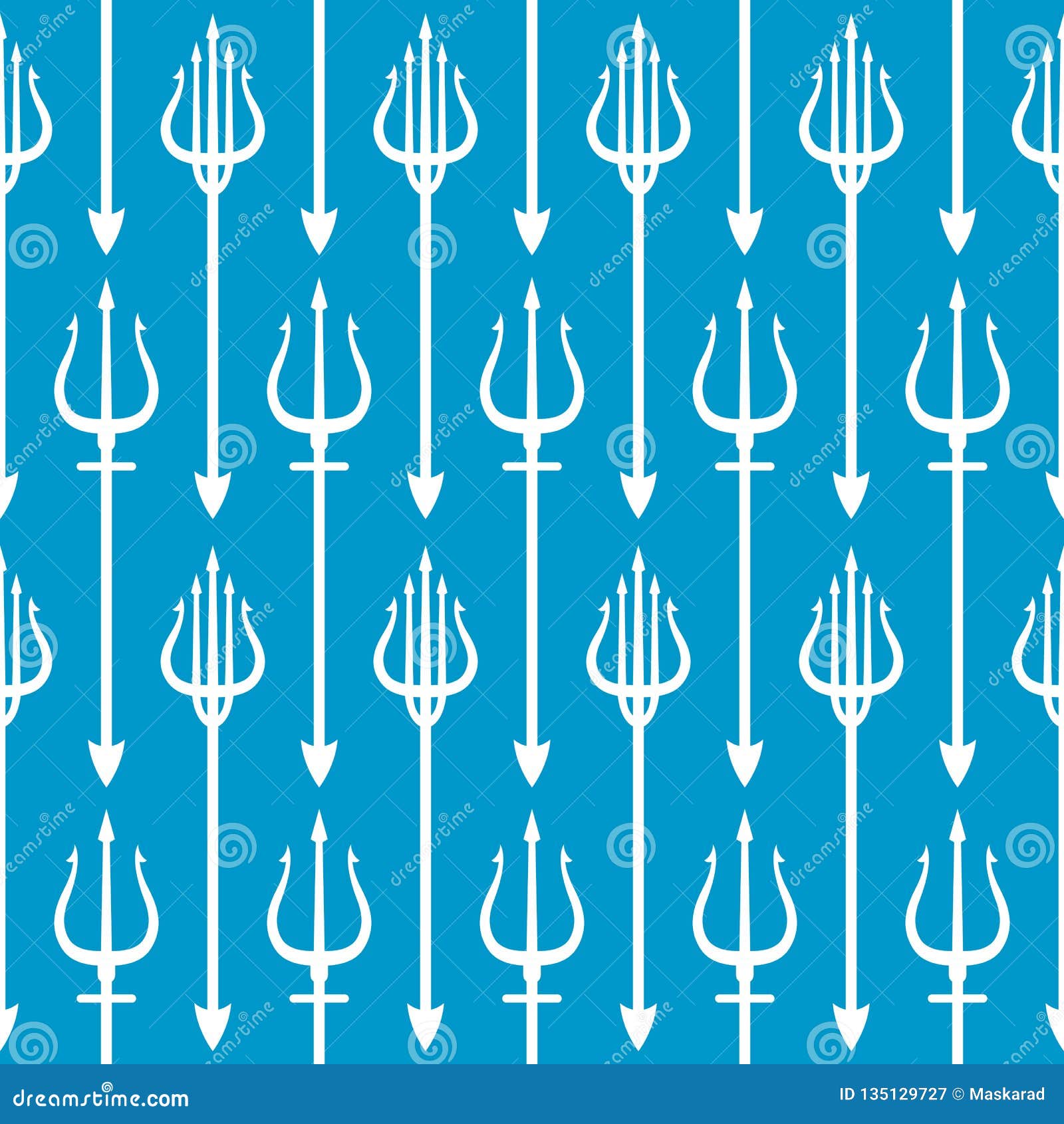 Trident, White Outline on Blue Background. Seamless Pattern Stock ...