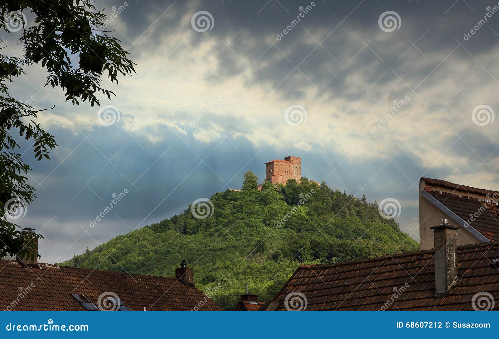 Trifels Castle on the Hill, Dramatic Sky with Sunburst Stock Photo ...
