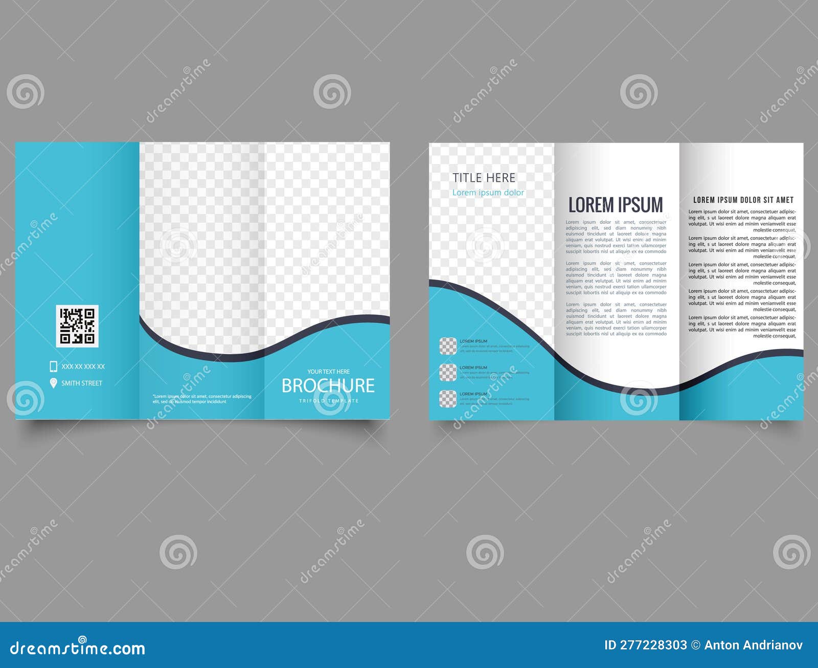 Trifold Brochure with Blue Waves. Corporate Brochure, Trifold Template ...