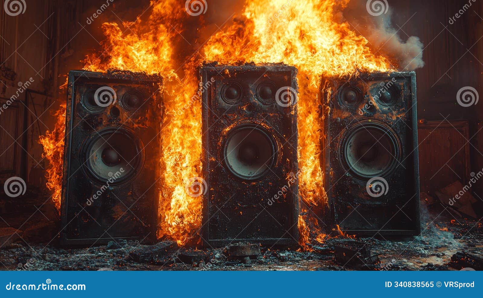 Trio of Burned-out Speakers Consumed by Flames in a Destroyed Setting ...