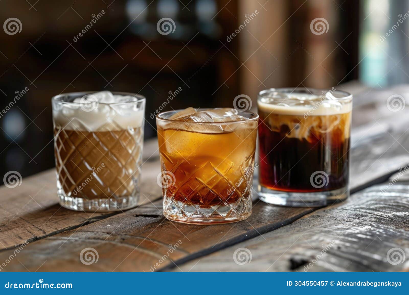 Trio of Crafted Coffees on Wood Stock Illustration - Illustration of ...