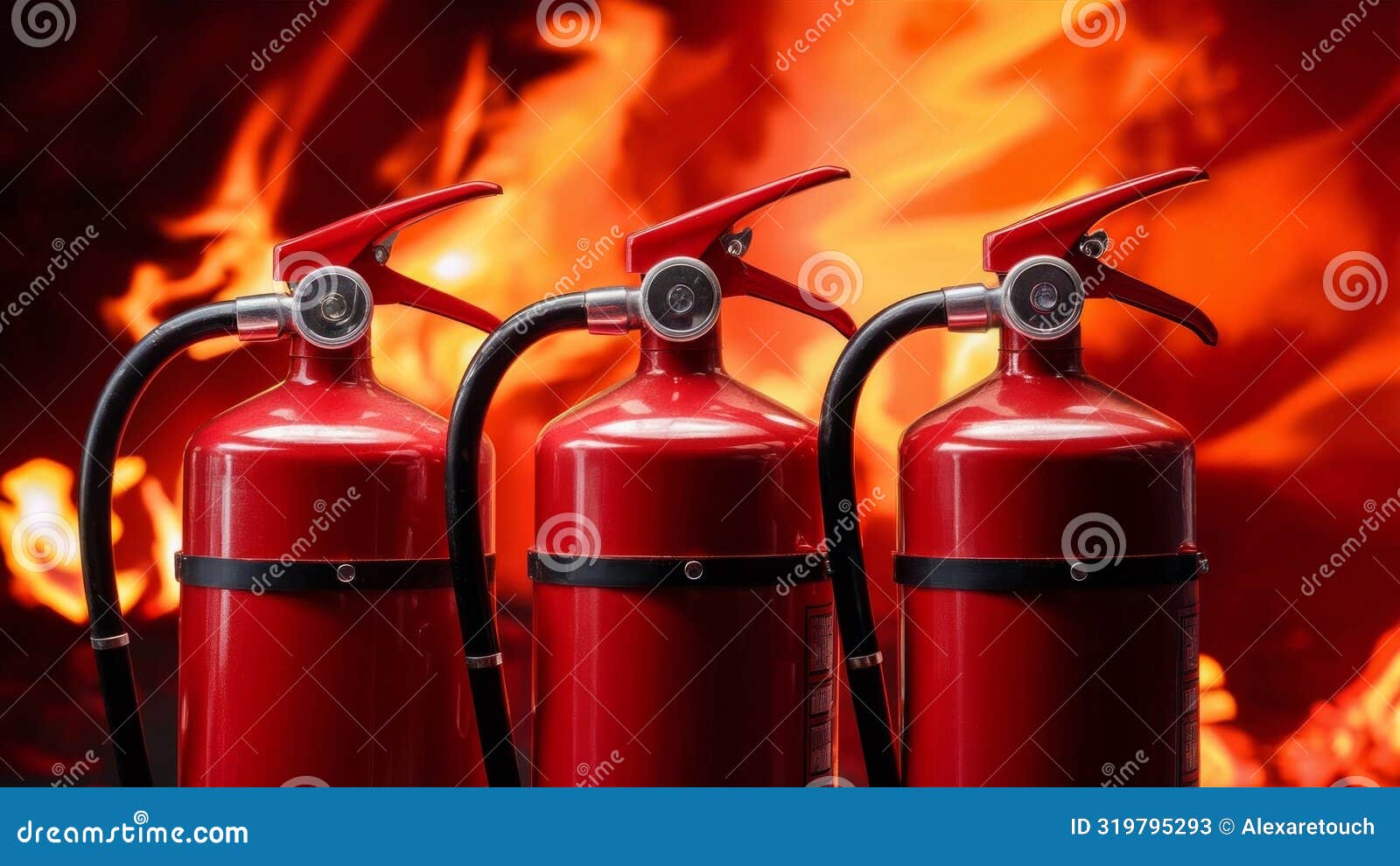 Trio of Fire Extinguishers with Flames Stock Image - Image of metal ...