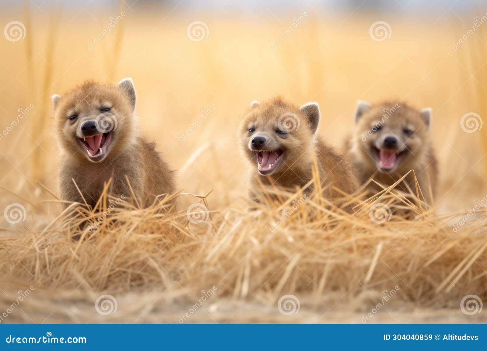 Trio of Hyenas with Laughing Expressions in Field Stock Image - Image ...