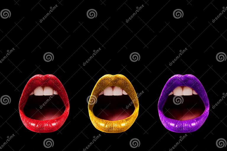 Trio of Lips Isolated on Black Stock Photo - Image of bright, mouth ...