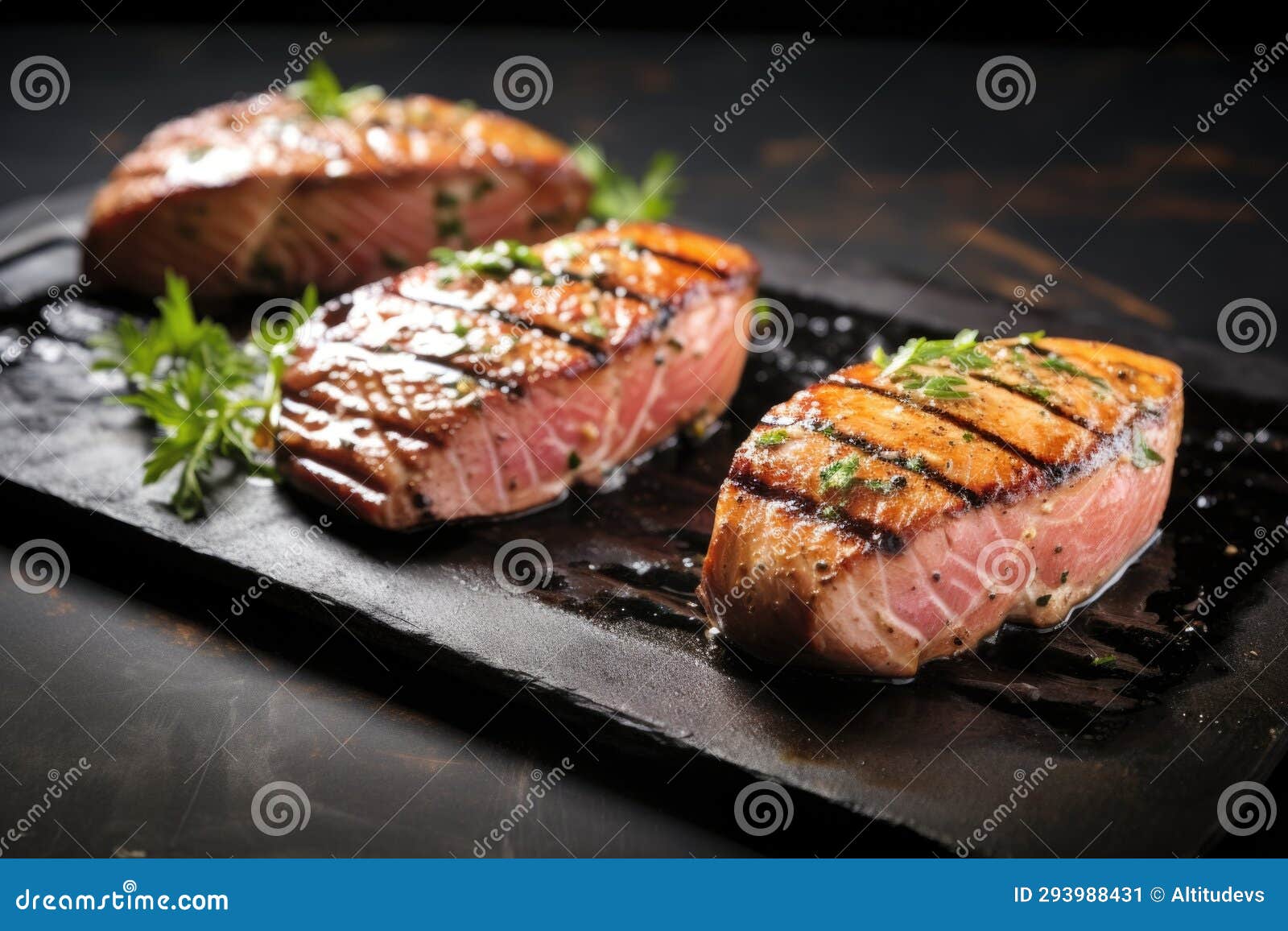 Trio of Seared Tuna Steaks Arranged on a Slate Plate Stock Image ...