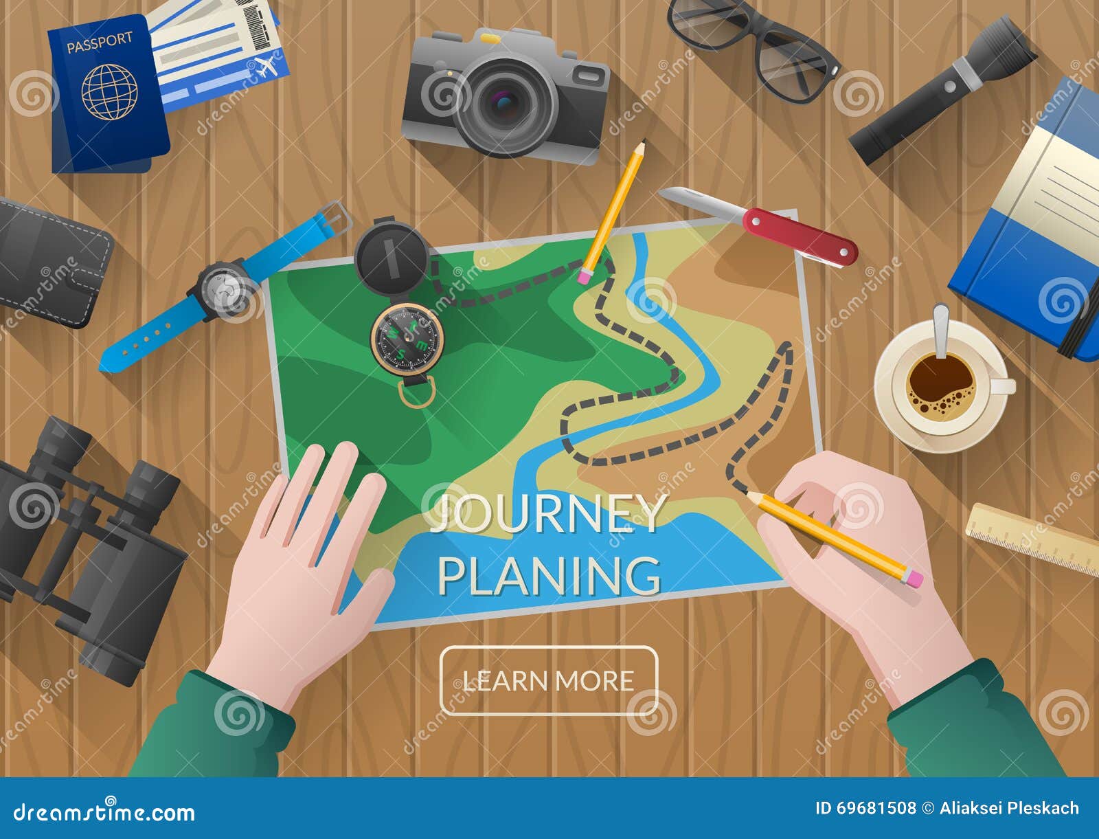 Trip with map. Top view stock vector. Illustration of nature - 69681508