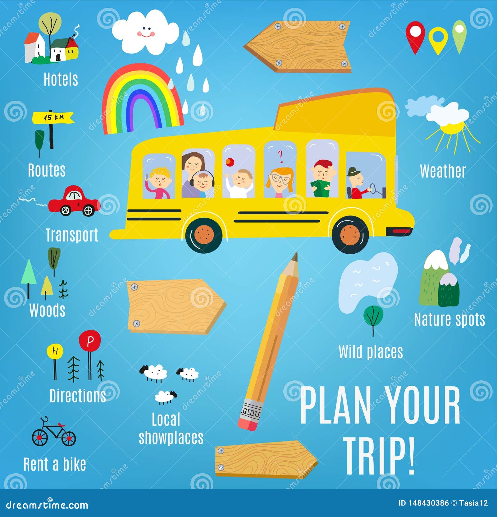 Trip Plan Elements Set with Icons and Backgrounds. Vector Illustration ...