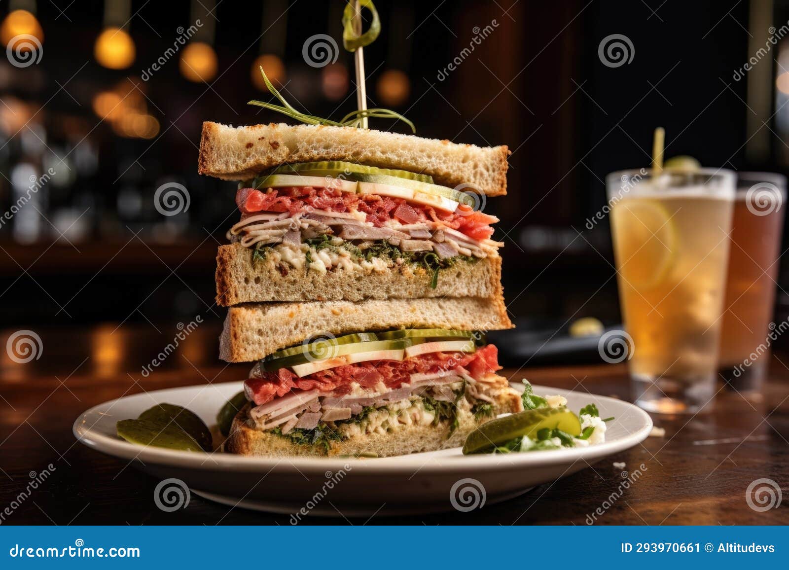 Triple Decker Sandwich in the Middle with Garnishes Around Stock Image ...