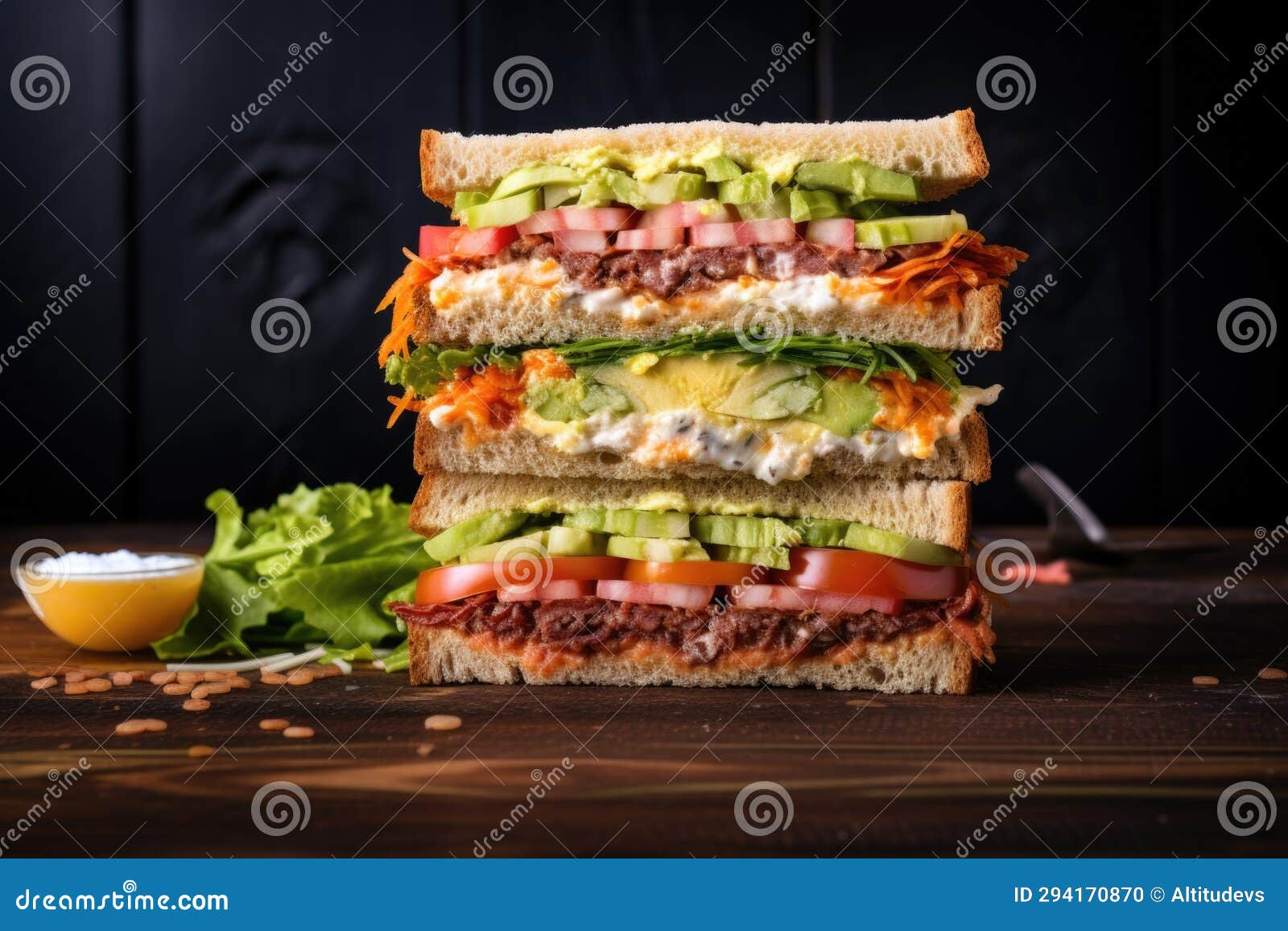 Triple Decker Sandwich with Various Colorful Fillings Exposed Stock ...