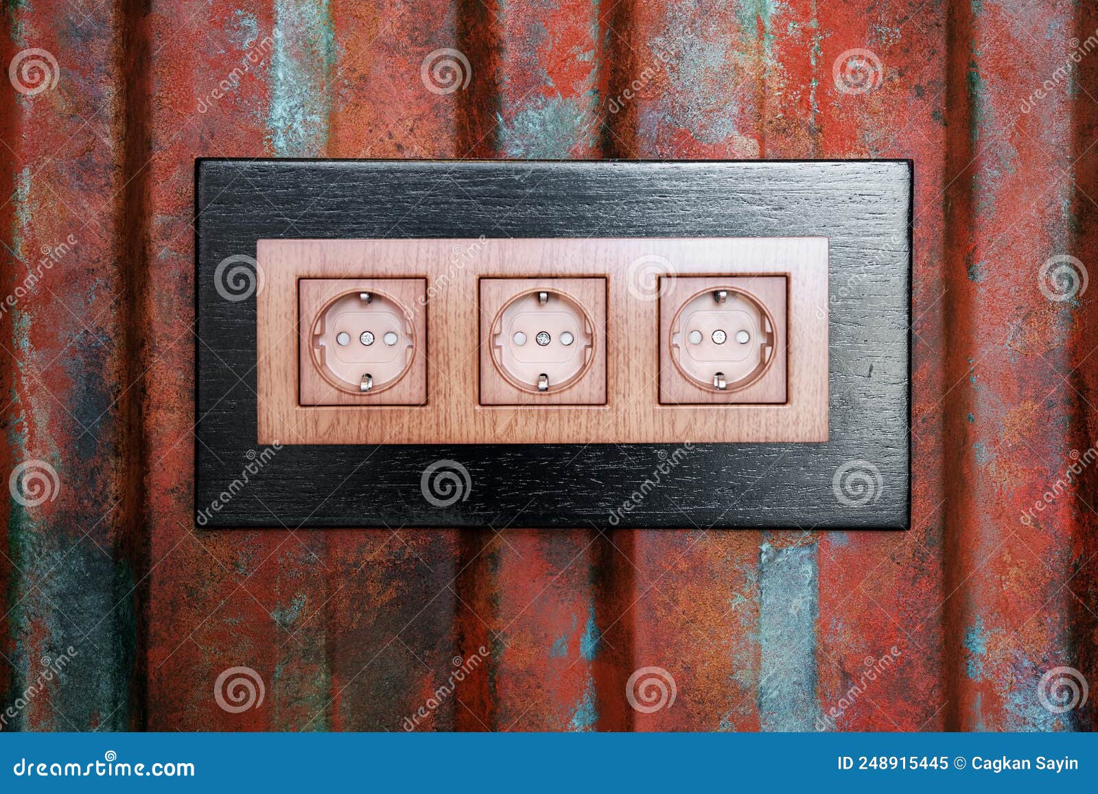 Triple Electric Socket on Galvanized Steel Plate Container Wall Stock ...
