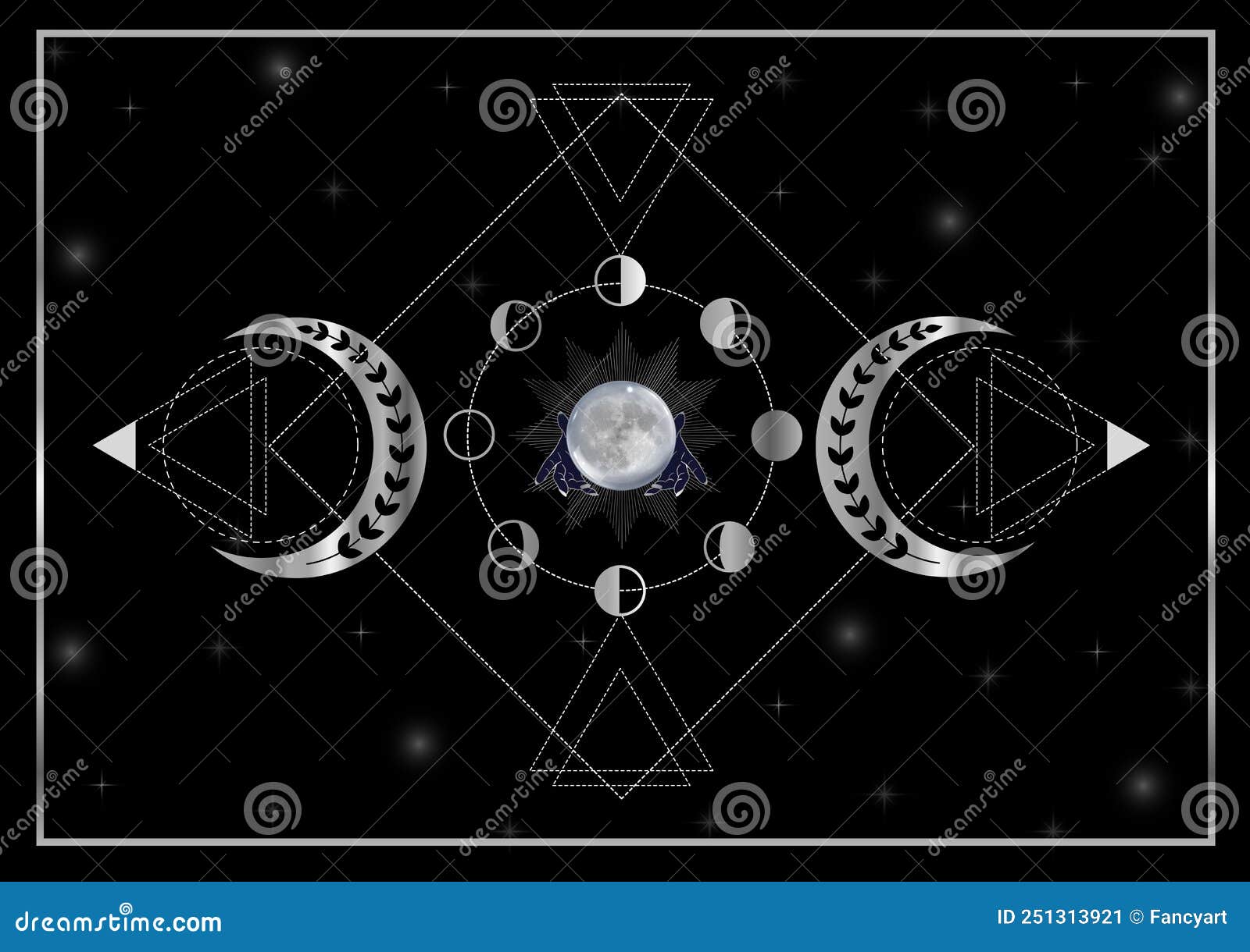 Triple Goddess Silver Moon Phases with Witch Hands Stock Image - Image ...