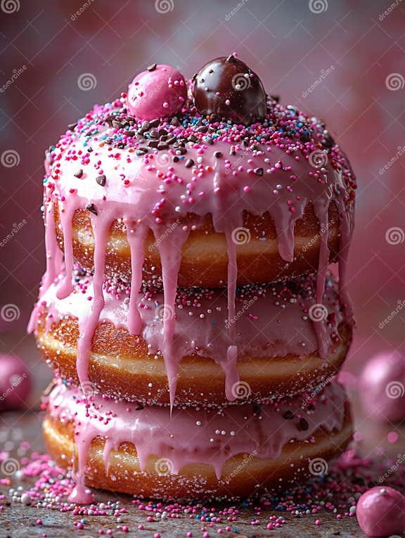 Triple Layer Donut Stack with Pink Icing and Sprinkles Delight Stock ...