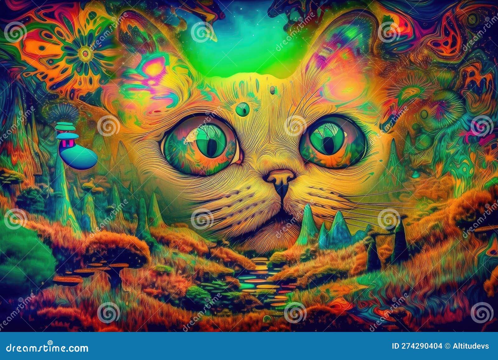 Trippy Cat With Its Eyes Rolling In The Back Of Its Head Floating Above Trippy Landscape Stock