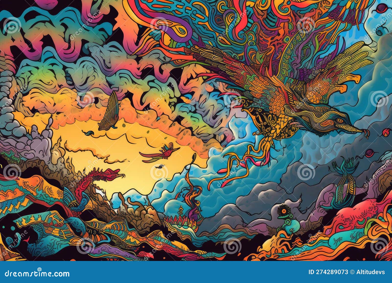 Trippy Creatures, Flying in the Psychedelic Sky Stock Illustration ...
