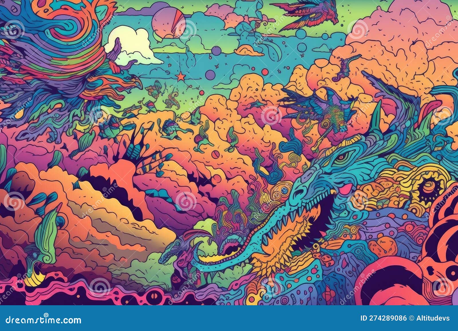 Trippy Creatures, Flying in the Psychedelic Sky Stock Illustration ...