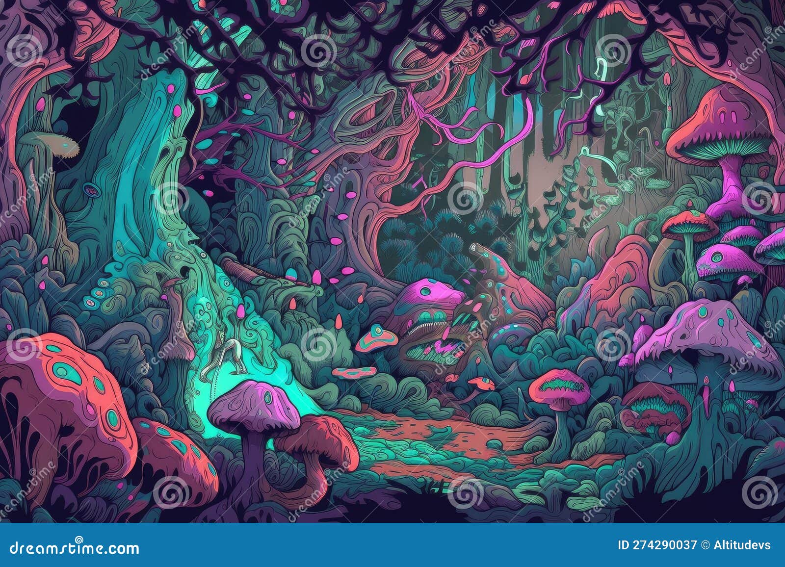 Trippy Forest with Strange and Psychedelic Creatures Stock Illustration ...