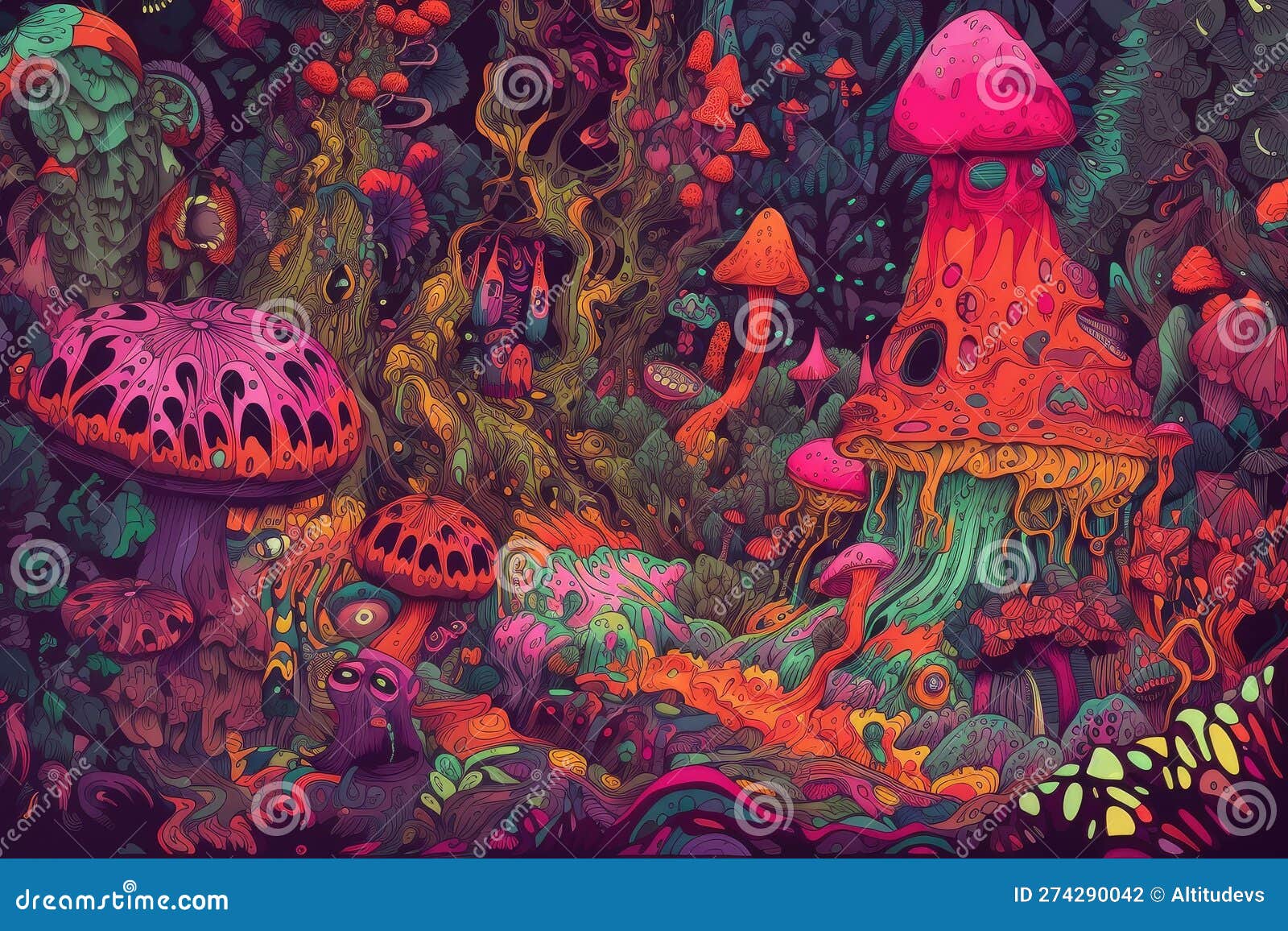 Trippy Forest with Strange and Psychedelic Creatures Stock Illustration ...