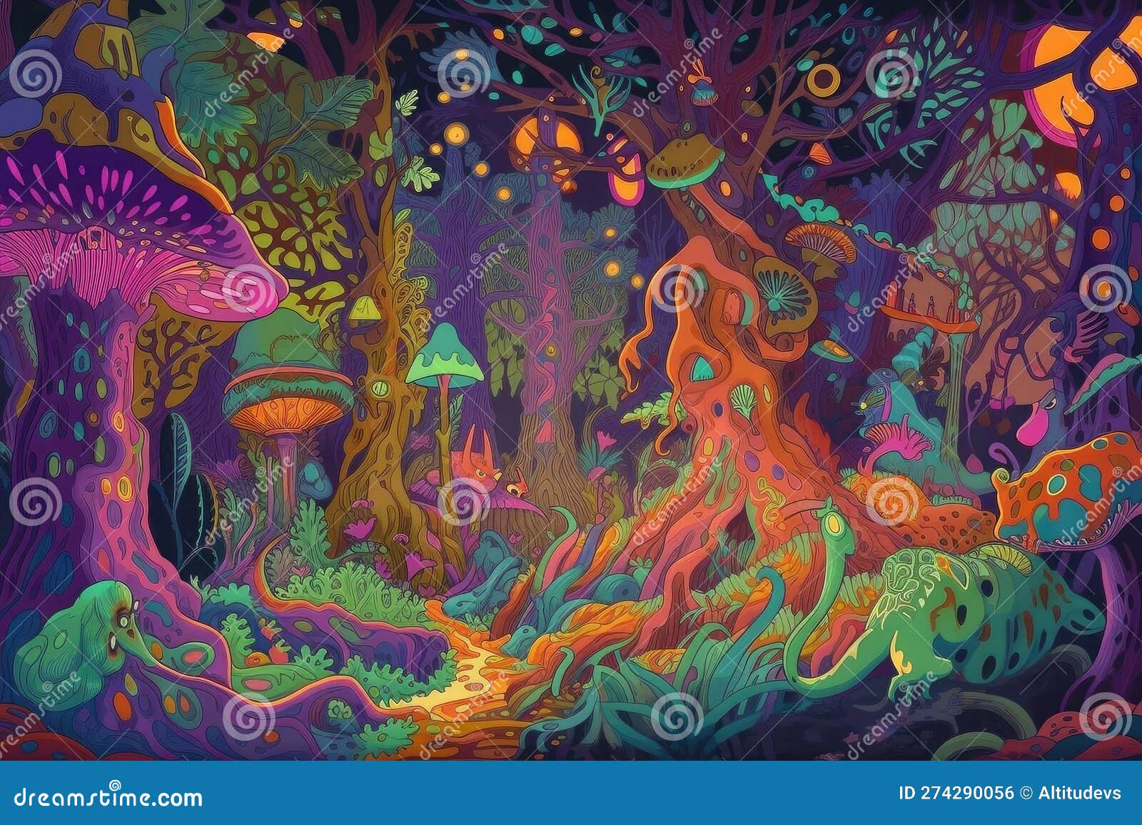Trippy Forest with Strange and Psychedelic Creatures Stock Illustration ...