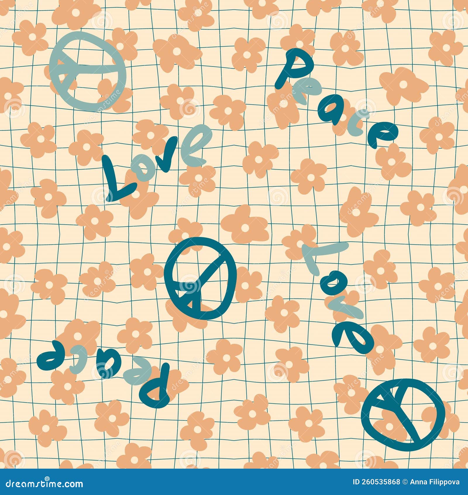 Trippy Grid Seamless Pattern with Symbol of Peace and Flowers. Retro ...